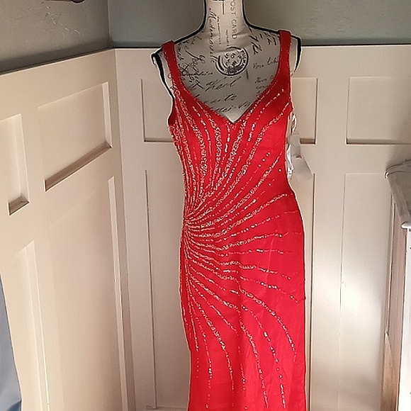 Xcite Prom | Dresses | Nwt Xcite Red Silver Beaded Silk Long Formal ...